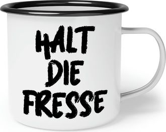 OM3 lustige Emaille-Tasse mit Spruch - Halt die Fresse - Statement | Emailletasse Emaille Becher | 12oz 300ml | Beidseitig Bedruckt | Weiß-Schwarz