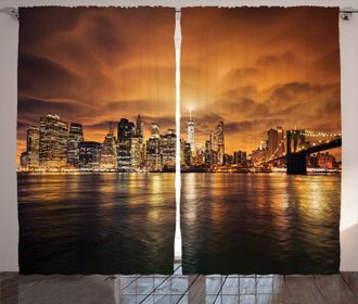 Abakuhaus New York Rustikaler Vorhang, Manhattan bei Sonnenuntergang, Wohnzimmer Universalband Gardinen mit Schlaufen und Haken, 280 x 245 cm, Schwarz Orange