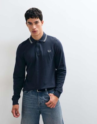 Fred Perry polo &agrave; manches longues &agrave; double liser&eacute; bleu air force fonc&eacute; avec liser&eacute;s &eacute;cru et verts