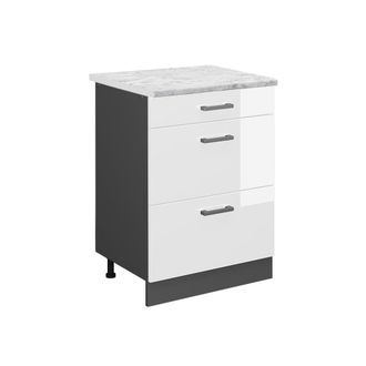 Vicco Schubladenschrank R-Line, Schubladenschrank für die Küche, Weiß Hochglanz, 60 cm AP Marmor