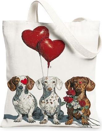 Generic Sacs fourre-tout en toile pour chiens de Saint-Valentin, sacs d&eacute;picerie r&eacute;utilisables, l&eacute;gers et lavables avec bandouli&egrave;re C, blanc, 13x15 Inch
