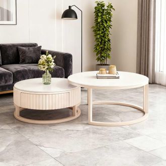 Generic Modernes rundes Beistelltisch-Set mit versteckter Schublade - 2-in-1 platzsparende wei&szlig;e Beistelltische for Wohnzimmer, B&uuml;ro und Schlafzimmer