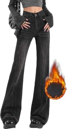 Onsoyours Pantalon Polaire Femme Jean dhiver Doublé en Polaire Taille Haute Pantalon en Denim Evasé Jeans Chaud Thermiques A Noir M
