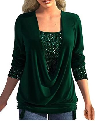 Minetom Tunique Noël Femme Élégant Paillettes Chemisier Casual Manche Longue T-Shirt Lâche Blouse Hauts Tops D Vert XXL