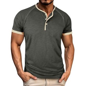 Generic DENGJIAMY Chemise Henley &agrave; manches courtes pour homme - T-shirt d&eacute;t&eacute; classique basique pour homme - V&ecirc;tements d&eacute;contract&eacute;s - Col en V boutonn&eacute;, gris, 
