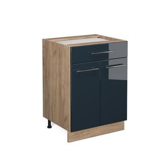 Vicco Meuble Cuisine Fame-Line, Bleu fonc&eacute; Brillant/Ch&ecirc;ne de Force dor&eacute;, 60 cm avec tiroir, sans Plan de Travail