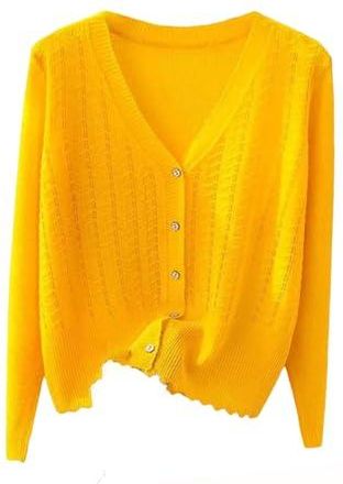 Generic Cardigan en soie pour femme - Chemisier dext&eacute;rieur ample - &Eacute;paules ajour&eacute;es - Petit ch&acirc;le - Haut en tricot, jaune, Taille XS