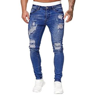 OverDose Homme Jean Skinny Déchirures Aux Genoux, Pantalon Cargo Sexy Bleu Délavé Slim Trousers (L, Bleu)