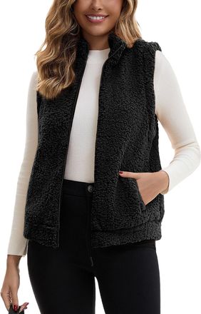 Feoya Teddy Fleece Weste Damen Fleeceweste &Auml;rmellose Herbstmantel Fell Weste Pl&uuml;schweste Warm Teddyjacke Weich Pelzjacke mit Taschen Schwarz L