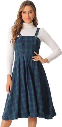 Allegra K Salopette À Carreaux pour Femme Vintage sans Manches A-Line Robe Chasuble Jupe Jarretelle Vert Foncé S