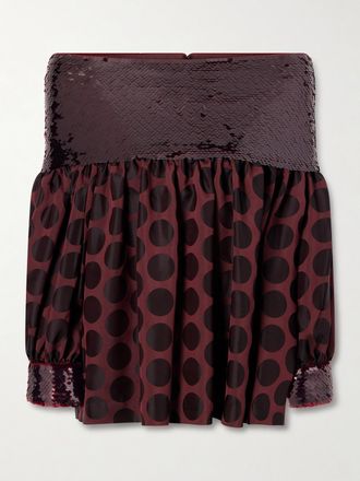 Dima Ayad Off-the-shoulder Sequin-trimmed Polka-dot Faille Blouse - Burgundy