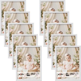 Woltu Bilderrahmen 21x29,7cm DIN A4 10er Set Fotorahmen Holzrahmen mit Passepartout, zum vertikalen oder horizontalen Aufhängen/Aufstellen, Posterrahmen Col