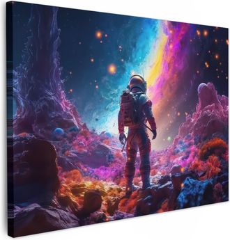 MuchoWow &copy; Bild auf Leinwand 70x50 cm Schlafzimmer Bilder Badezimmer Wand Deko Wohnzimmer Modern Wanddeko Bilderwand Geschenk Weltraum - Astronaut - Neon - Ste