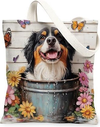 Generic Sac fourre-tout en toile motif chien de montagne bernois printanier 33 x 38,1 cm, joli sac &agrave; bandouli&egrave;re r&eacute;utilisable en bois de fleur rustique pour f