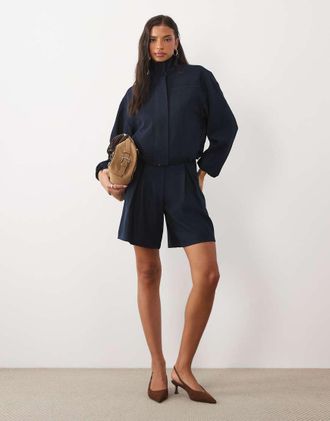 4th & Reckless ensemble 2 pi&egrave;ces short long ajust&eacute; bleu marine