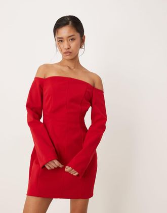 Asos Robe courte &agrave; coutures apparentes et encolure Bardot - Rouge
