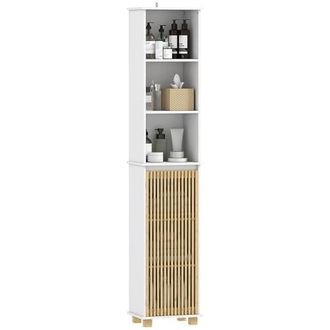 HOMCOM Colonne Salle de Bain, Meuble Salle de Bain Rangement, Meuble de Rangement avec Porte &agrave; Lattes en Bambou et Compartiments Ouverts, Armoire Haute pour 