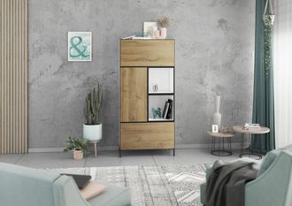 BMG Möbel Highboard Schrankset 5 teilig Modul+ individuell montierbar in weiß oder anthrazit Fronten wählbar in 4 (Weiß - Evoke Eiche, Mit Füßen)