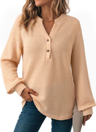 Dokotoo Bluse Damen Langarm Waffel V-Ausschnitt Oberteile Herbst Pullover Sweatshirt Langarmshirt Tops L&auml;ssig Blusen Tuniken Einfarbig T-Shirts Oberteil Aprik