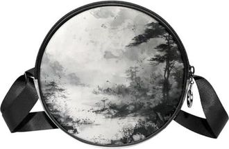 Generic Petit sac &agrave; bandouli&egrave;re rond pour femme, peinture &agrave; lencre avec fermeture &eacute;clair, bretelles r&eacute;glables, sac &agrave; main rond d&eacute;contract&eacute; pour femmes et fill