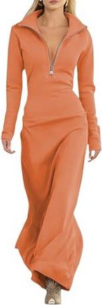 Generic Robe maxi &agrave; manches longues pour femme - Design sweat-shirt - Col zipp&eacute; - Col en V - Streetwear - &Eacute;paules d&eacute;nud&eacute;es - Sexy, Orange, XXL