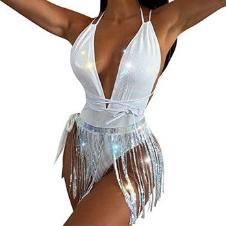 Generic Maillots De Bain Une Pieces Femme Amincissant 2023 Nouveau Sexy Deep V Tassel (White, S)