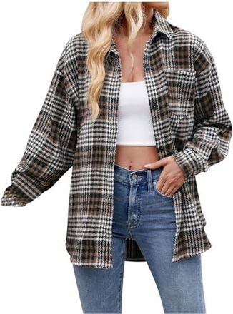 Generic Vestes dautomne d&eacute;contract&eacute;es pour femmes 2026 &agrave; carreaux mille oiseaux boutonn&eacute;e en flanelle, marron, XXL