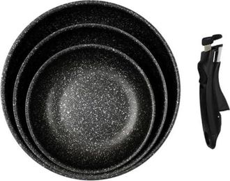 COOK CONCEPT KC25291, Stone effect frying pan x3 with removable handle, ideal for all your recipes, non-stick coating, modern and elegant design, size 28 cm, black