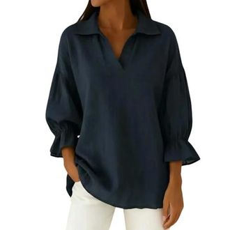 Generic Chemise Femme Coton Lin Chic Et Elegant Casual Chemises D&eacute;t&eacute; Manche Longue Et Col en V Lache Hauts Legers Respirant Tunic Mode Coton Et Lin Grande Tai