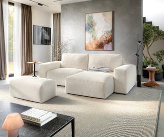 DELIFE Ecksofa Lanzo 230x155 cm Strukturstoff Soft Beige Recamiere variabel mit Hocker, Ecksofas