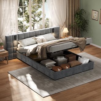 Merax Polsterbett 160x200cm mit Leselicht und USB-Aufladung, Doppelbett mit Lattenrost und Kopfteil, Funktionsbett mit Stauraum f&uuml;r Erwachsene & Jugend, Sam