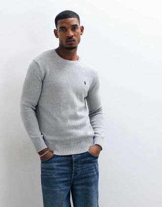 Polo Ralph Lauren pull en maille &eacute;paisse en coton avec logo icon gris