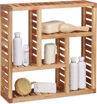 Relaxdays Wandregal Walnuss mit 5 Fächern, für Badezimmer, Flur und Wohnzimmer, Stauraum, HxBxT: 50 x 50 x 15 cm, natur