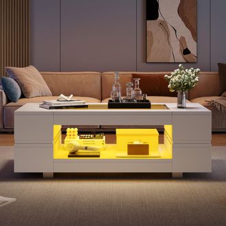 Merax Weißer LED-Couchtisch mit Bluetooth-App-Steuerung, Kaffeetisch mit hohlem Design, Moderner Sofatisch mit Stauraum, Für Wohnzimmer,100 x 50 x 35 cm