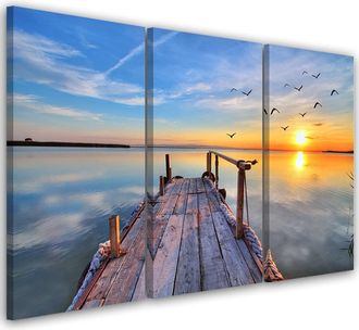 Feeby 3-teilig Leinwandbild XXL 120x80 cm Strand Holzsteg See Sonnenuntergang Wandbild Kunst Bilder Schlafzimmer Deko Wohnzimmer Himmel Ferien Wasser Vögel 
