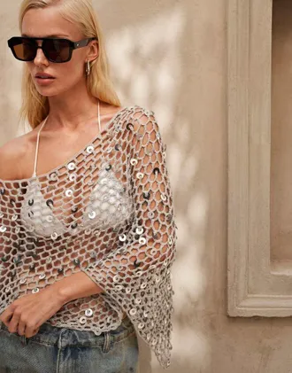 Motel Maliha - Poncho en maille crochet&eacute;e - Argent&eacute;