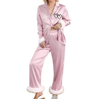 Generic Ensemble de pyjamas d&eacute;contract&eacute;s et confortables pour la Saint-Valentin 2026 pour femmes, chemise &agrave; manches longues, pantalon, deux ensembles, Rouge, 