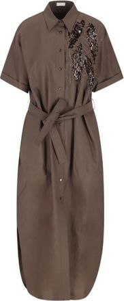 Brunello Cucinelli Femme, Robes, Brun, Taille: 40 FR Sequin-embellishment Belted Midi Dress