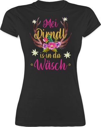 Shirtracer Shirt Damen - Kompatibel mit Oktoberfest - MEI Dirndl is in da W&auml;sch - Hirschgeweih - XXL - Schwarz - der trachtenshirt bayrische Hirsch Tshirt Tracht