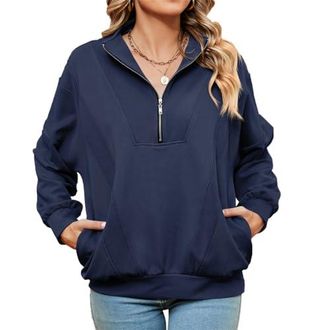 Generic Sweat-shirt d&eacute;contract&eacute; &agrave; manches longues et col &agrave; revers avec poches pour femme, coupe d&eacute;contract&eacute;e, taille L, pour le quotidien, le travail et les v