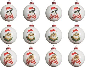 Decoris Weihnachtskugeln mit Motiven Glas 8cm x 12 St&uuml;ck Katzen Weihnachtskost&uuml;m Christbaumkugeln wei&szlig;