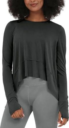 Generic Haut court &eacute;lastique &agrave; manches longues avec trou pour le pouce pour femme, Noir, M