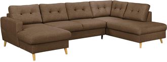 Mørteens home24 Wohnlandschaft Braun/Nougat/Dunkelbraun Webstoff Luba 290 x 90 x 200cm Longchair davorstehend links / Ottomane rechts mit Schlaffunktion Skandi