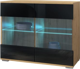 Vladon Kommode Bari V3, Moderner K&uuml;chenschrank mit 2 gro&szlig;en Glast&uuml;ren inkl. RGB Beleuchtung Eiche Evoke/Schwarz Hochglanz (92,5 x 75.5 x 35)