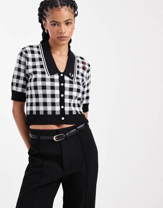 Fred Perry x Amy Winehouse - Strick-Hemd in Schwarz/Wei&szlig; mit Logo und Vichy-Karomuster