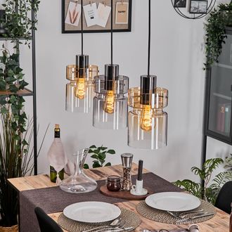 HOFSTEIN Hängeleuchte Hasvik, 3-flammige Hängelampe aus Metall/Glas in Schwarz/Chrom/Rauch/Bernstein/Klar, Vintage-Design (Ø 15 cm), E27, Pendelleuchte verstel