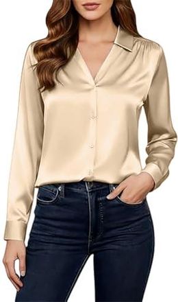 Generic Chemisier &agrave; manches longues pour le travail grande taille - Chemisiers en satin pour femme - Chemise habill&eacute;e &eacute;l&eacute;gante &agrave; boutons - Col en V - Col en V