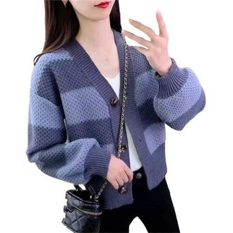 Generic Cardigan ray&eacute; en crochet pour femme - Esth&eacute;tique - L&eacute;ger - Pour le travail - Chic, Pull Bleu, Taille XL