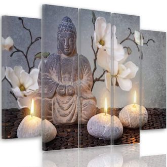 Feeby Leinwandbild - 5 Teile - Bilder, Wand Bild, Wandbilder, Kunstdruck XXL, 5-Teilig, Typ B, 100x70 cm, BUDDHA, ZEN-KULTUR, KERZEN, BLUMEN
