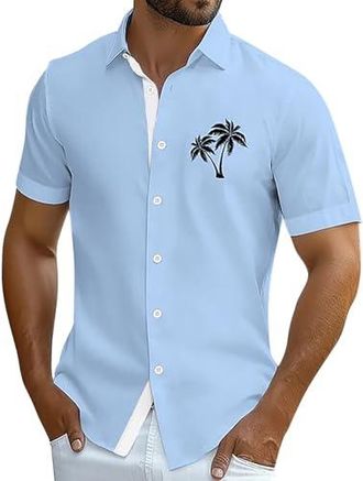 Generic Chemise hawa&iuml;enne l&eacute;g&egrave;re &agrave; manches courtes pour homme - Coupe droite - Chemise d&eacute;t&eacute; avec imprim&eacute; - Chemise de loisirs boutonn&eacute;e - Respirant - Chemise 